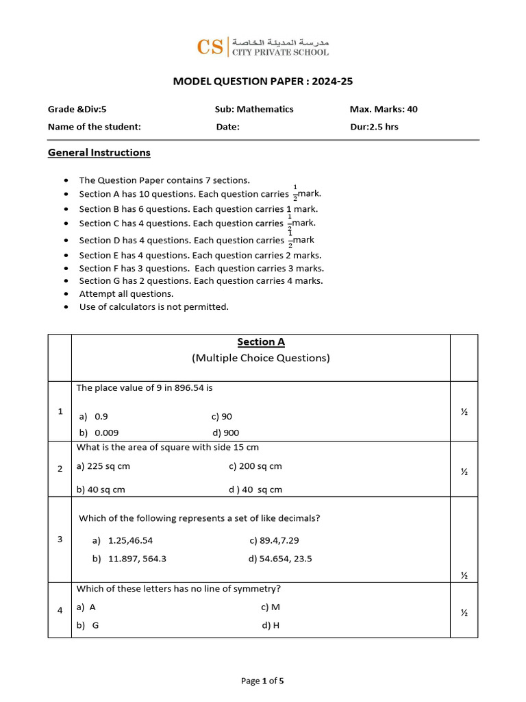 Class 5 Annual Exam Model Paper 2024-25 | PDF | Area | Length