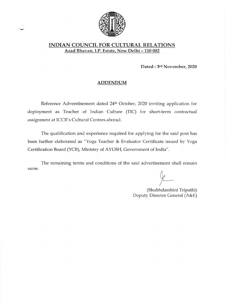 Addendum To The Advertisement Inviting Application For Deployment As ...