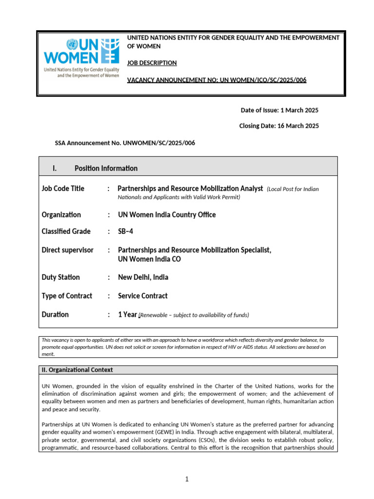 VA006 - Partnerships and Resource Mobilization Analyst (SB4) - UN Women ...