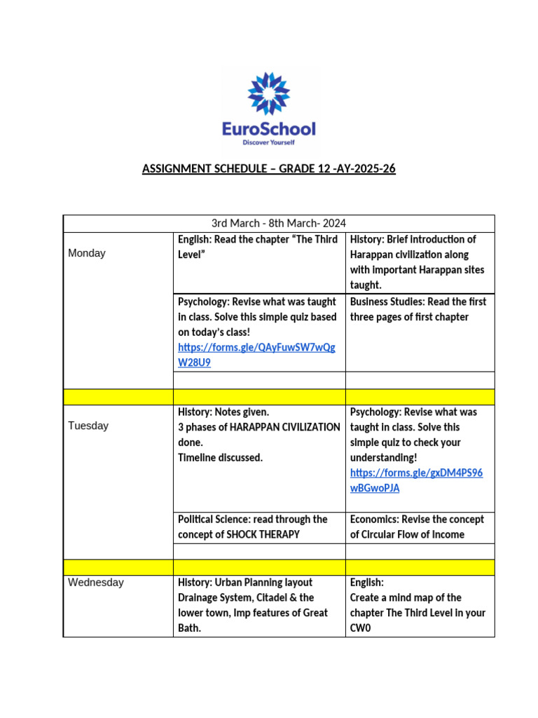 12d-2025-2026 Daily Assignments Schedule - Grade 12 | PDF