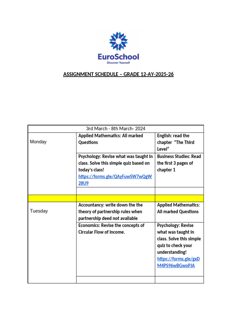 12c-2025-2026 Daily Assignments Schedule - Grade 12 | PDF