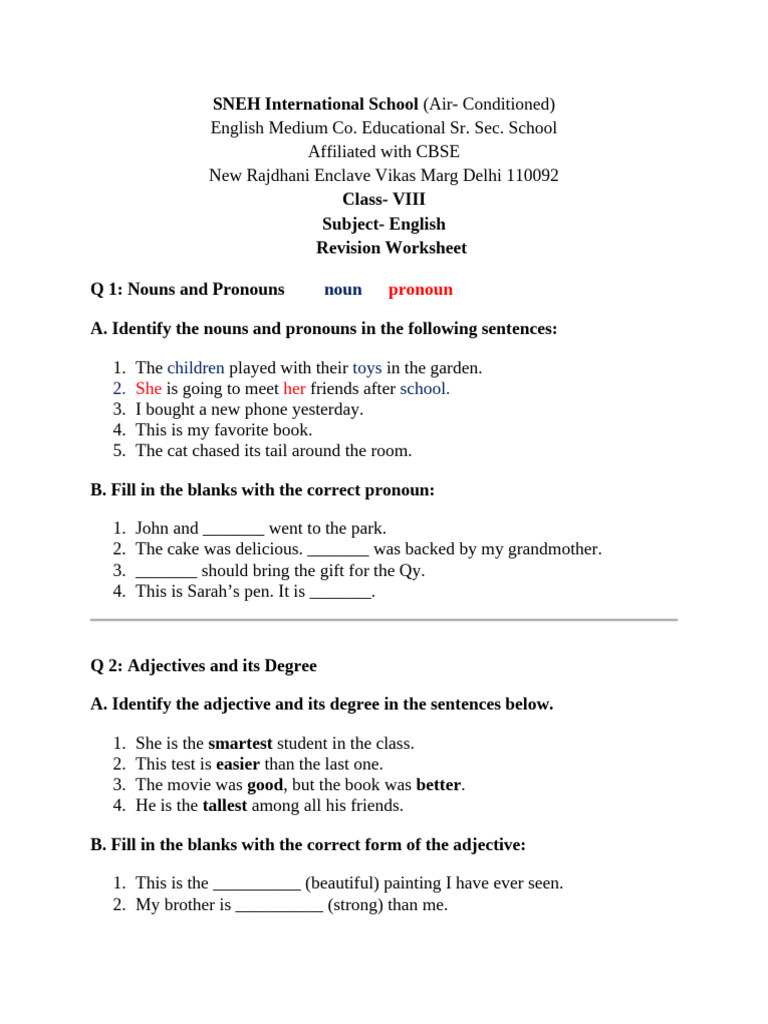 REVISION WORKSHEET CLASS 8 | PDF | Verb | Adjective