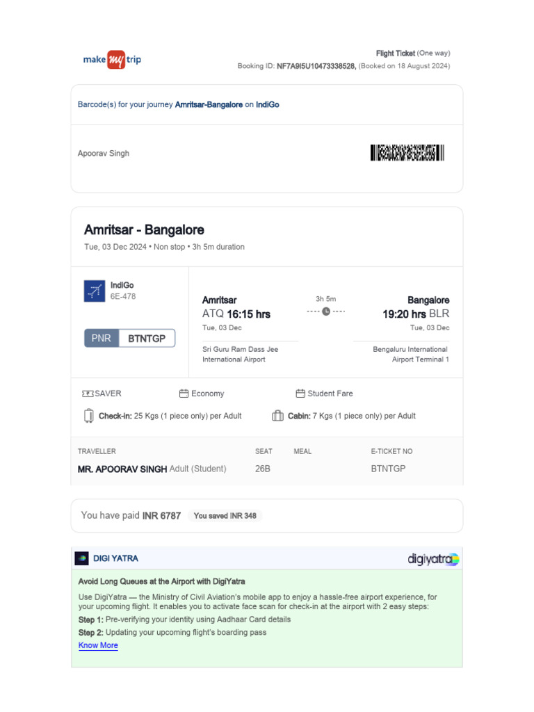 IndiGo Flight Ticket & DigiYatra Info | PDF | Identity Document | Transport