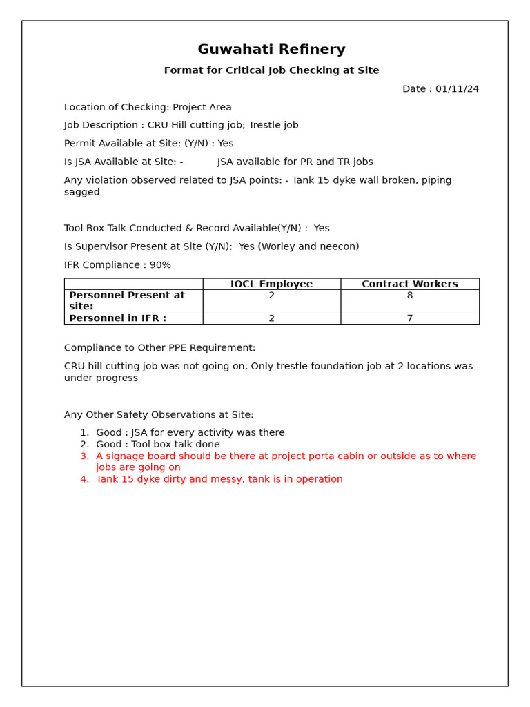 Critical Job Observations 01.11.24 | PDF