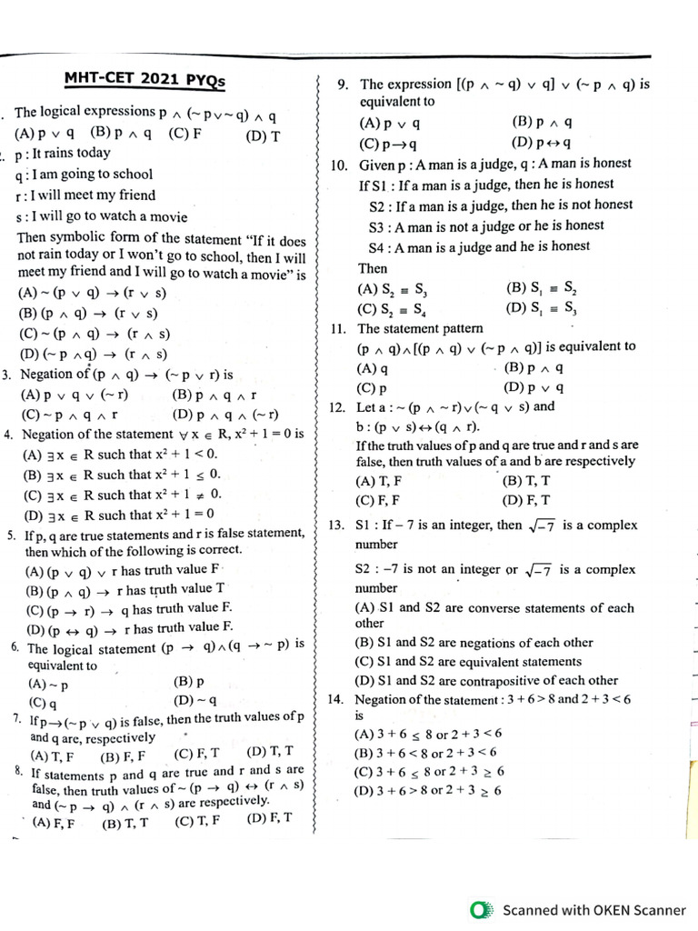 MHT Cet Logic Pyq 2021-23 | PDF