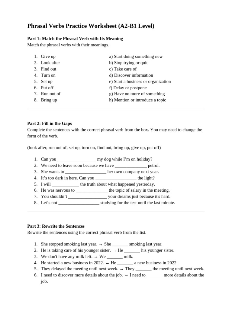 Phrasal Verbs Practice Worksheet A2-B1 | PDF | Grammar | Language Families