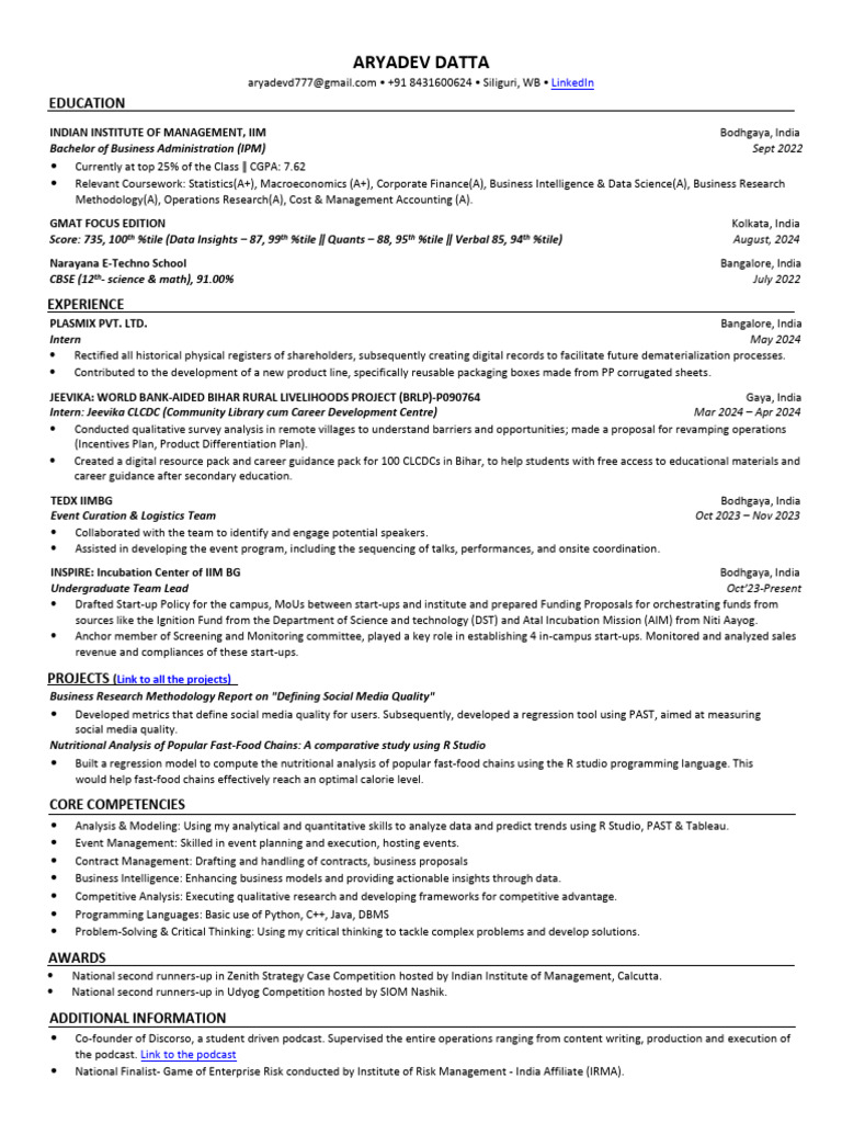 Resume_Aryadev_Datta_ISB(1) | PDF | Analysis | Methodology