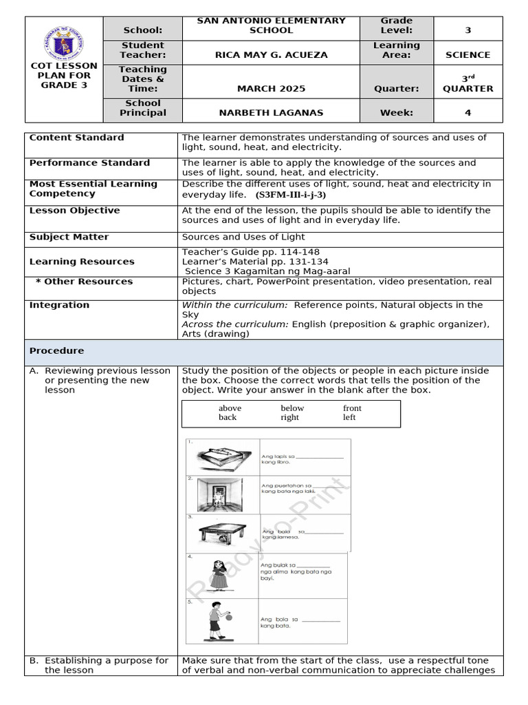 COT LESSON PLAN Science 3 Q3 | PDF | Learning | Curriculum
