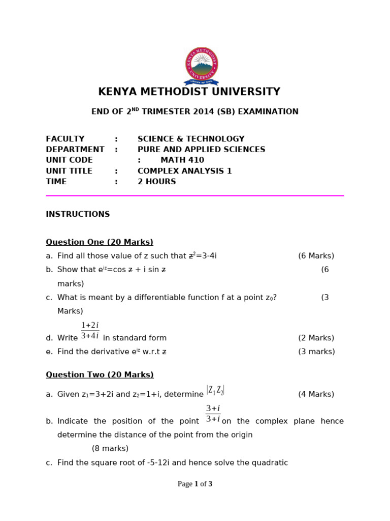 Math 410 - Complex Analysis 1 | PDF | Quadratic Equation | Mathematical Concepts