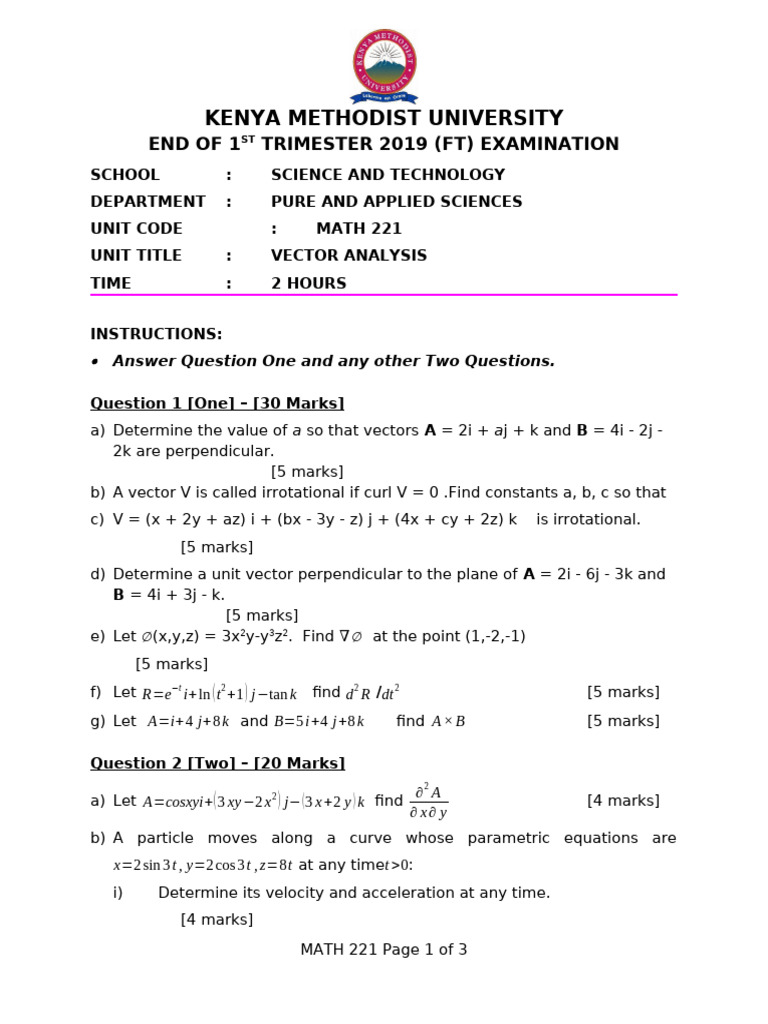 Vector Analysis Exam Questions - MATH 221 | PDF | Multivariable ...