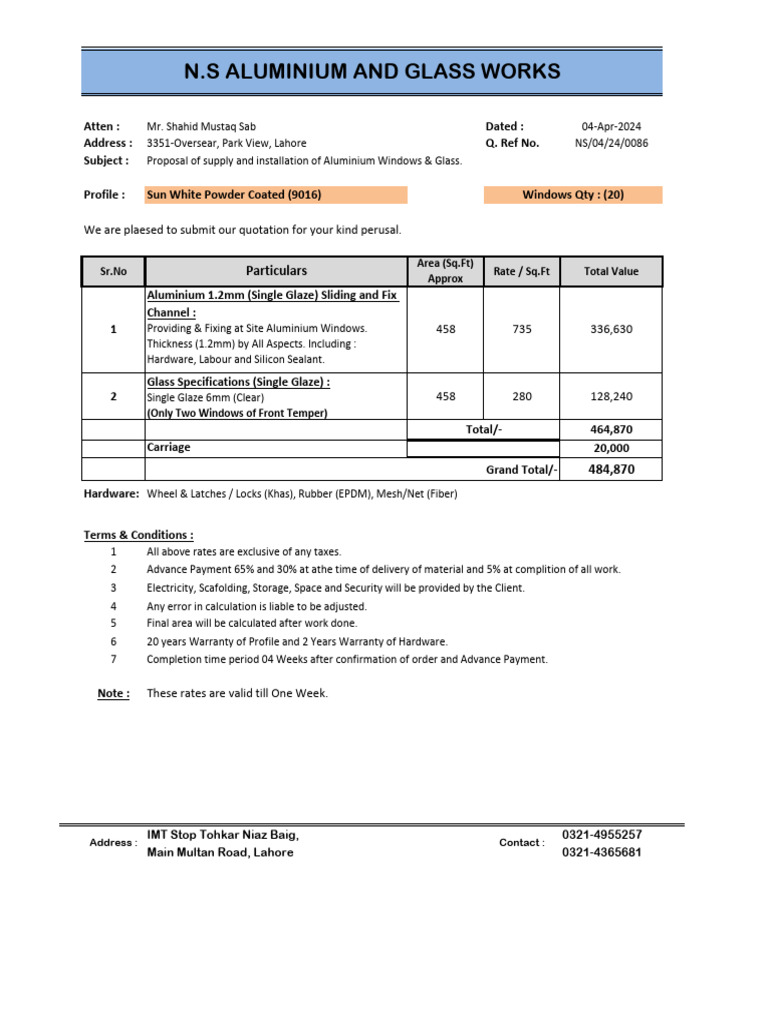 Aluminium Windows Proposal for Mr. Sab | PDF | Materials