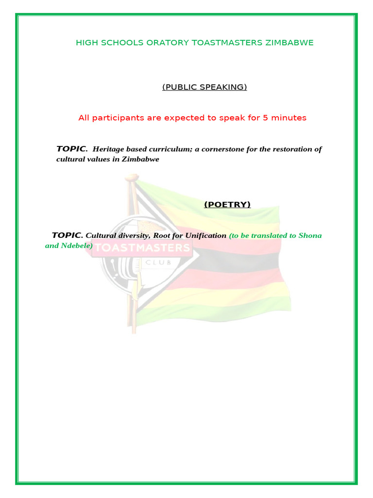 HIGH SCHOOLS ORATORY TOASTMASTERS ZIMBABWE PS and Poetry Topics | PDF