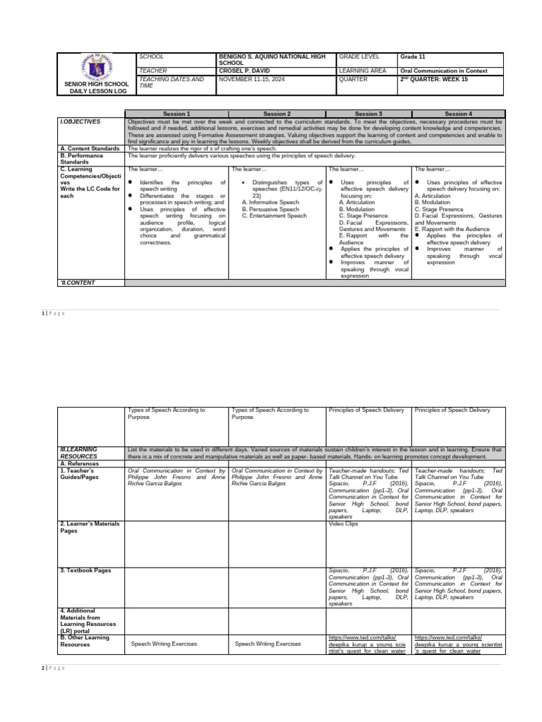 Grade 11 Oral Communication Lesson Plan | PDF | Speech | Learning