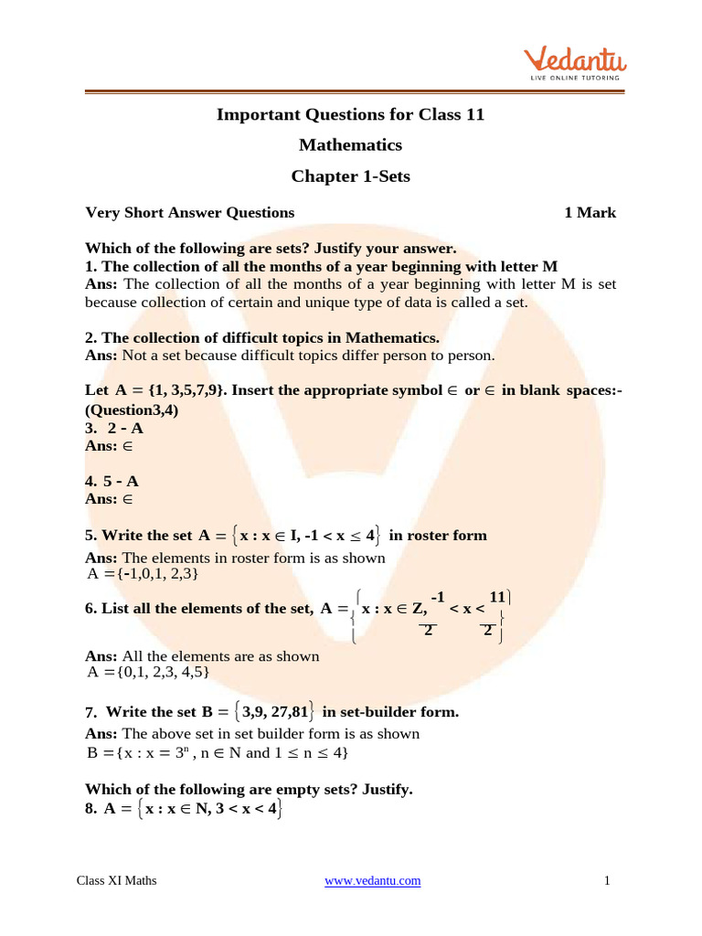 CBSE Class 11 Maths Chapter 1 - Sets Important Questions FREE PDF | PDF ...