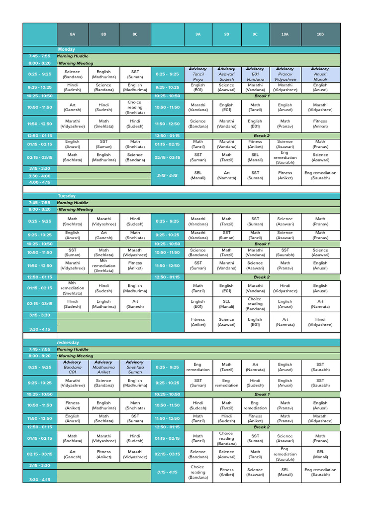 G8 - To - G10 - Unit-3 Timetable NMMC-92 24-25.xlsx - Timetable | PDF