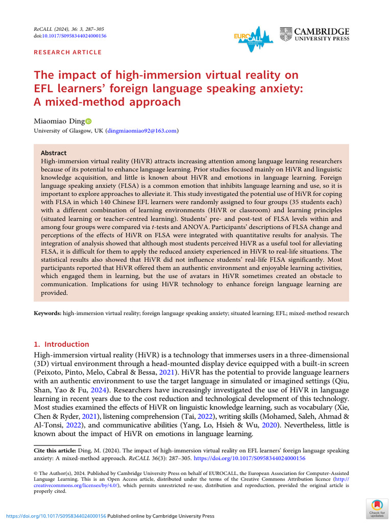 The Impact of High-Immersion Virtual Reality On EFL Learners' Foreign ...