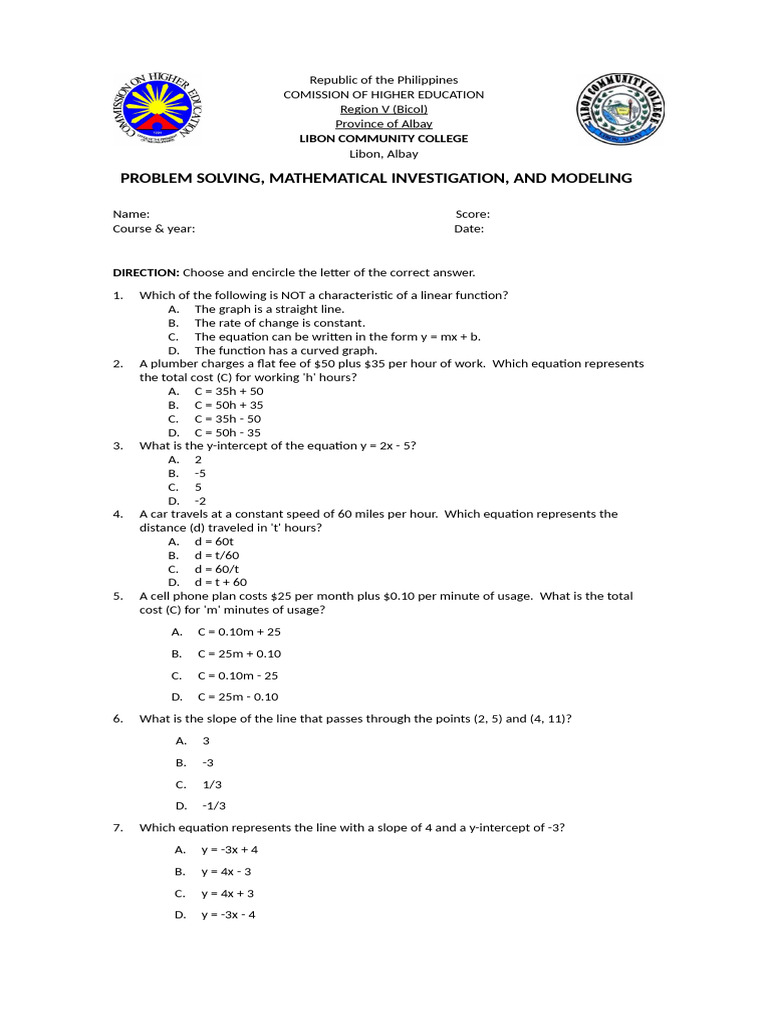 Math Problem Solving and Modeling Quiz | PDF | Interest | Compound Interest
