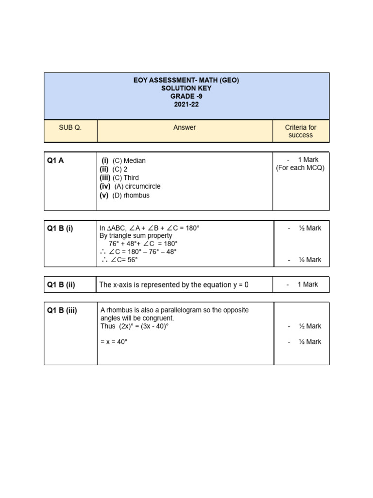SOLUTION KEY 9 TH MATH (Geo) | PDF | Classical Geometry | Triangle Geometry