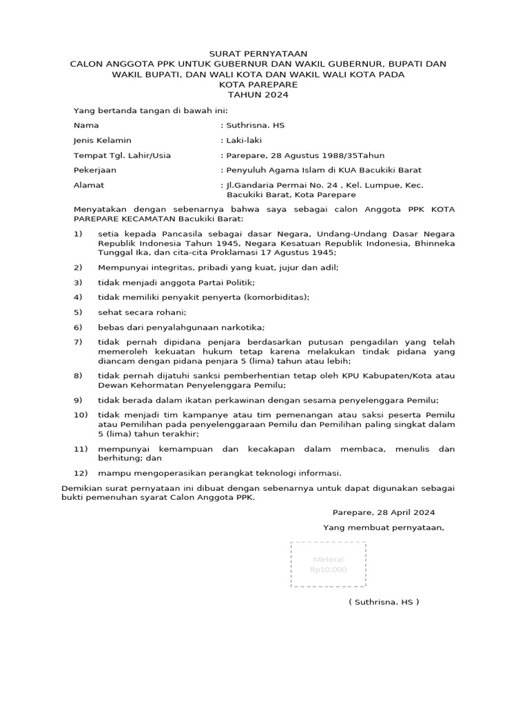 Surat Pernyataan PPK, Achy | PDF