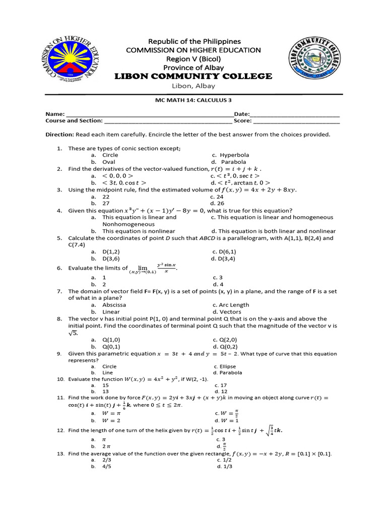 Questionnaire 1 To 50 Calculus 3 | PDF | Equations | Ellipse
