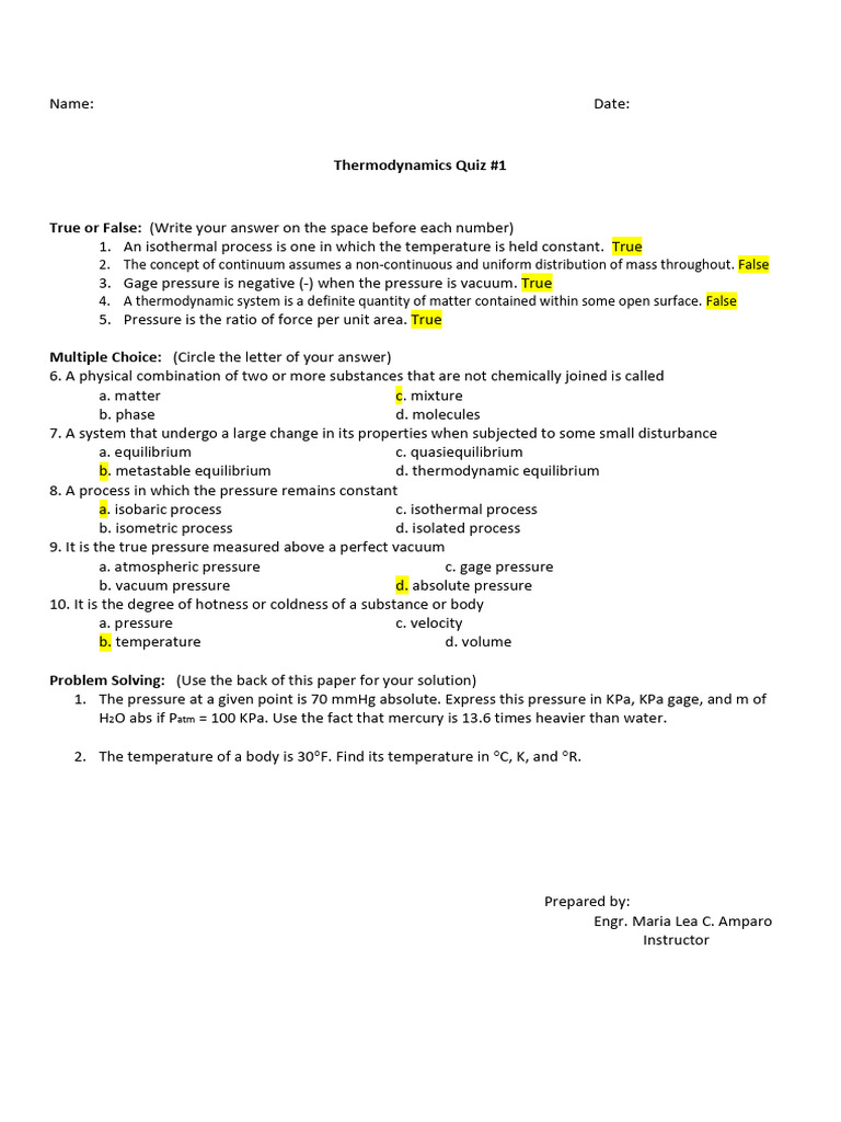 Thermodynamics Quiz #1 with Answers | PDF | Pressure | Temperature