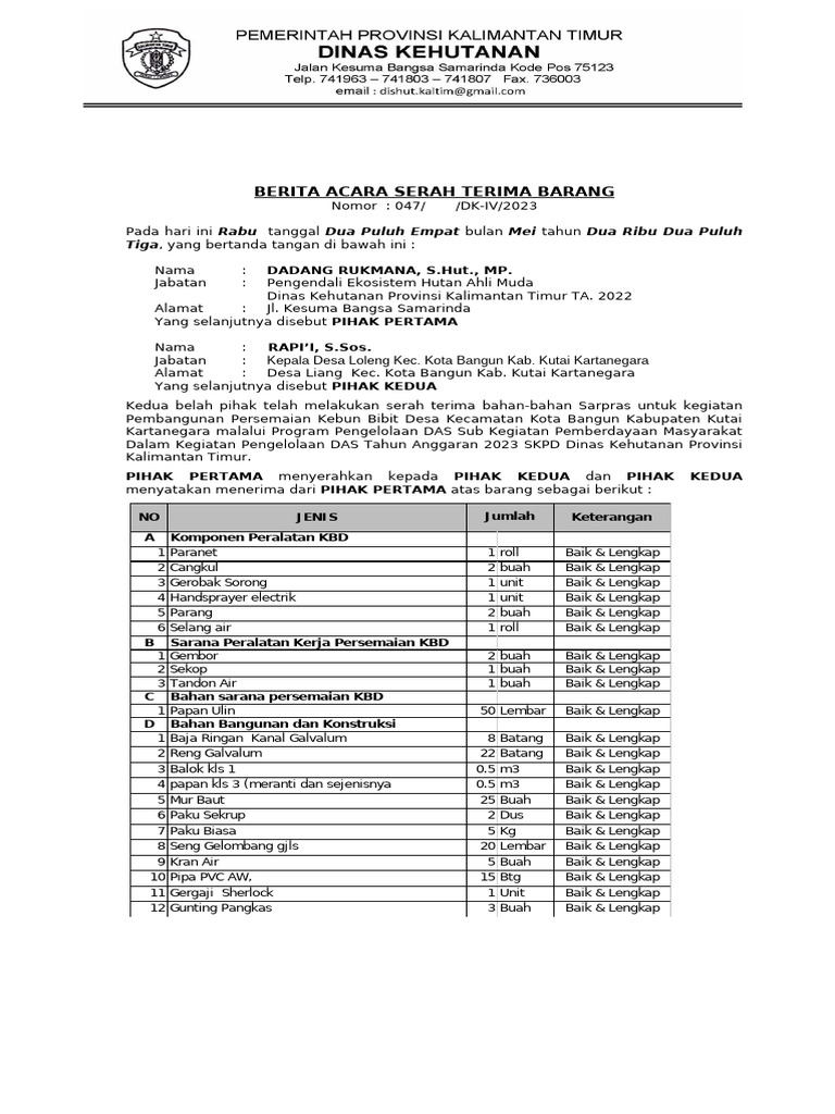 B. BA Serah Terima SARPRAS KBD Desa Separi | PDF