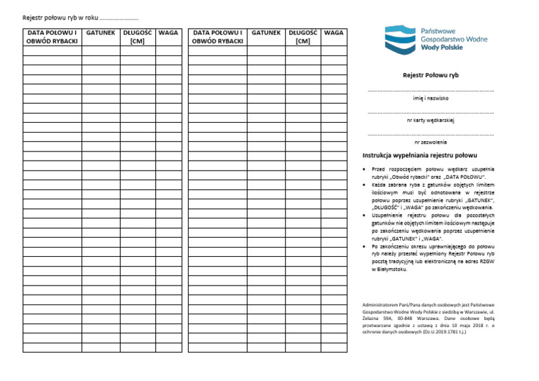 Rejestr Połowu Ryb RZGW Białystok - Do Pobrania | PDF