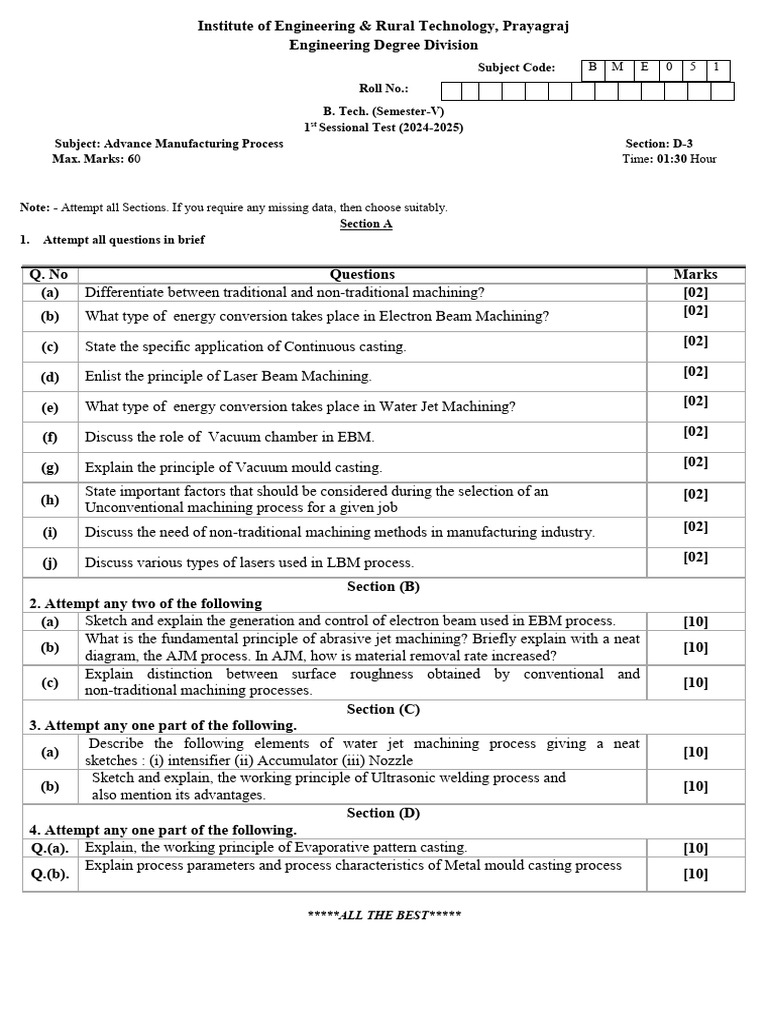 Advance Manufacturing Process Exam 2024 | PDF | Machining | Mechanical ...