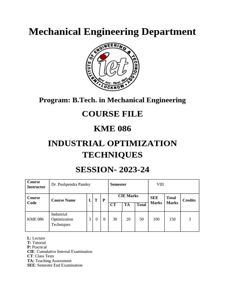 KME086 Industrial Optimization Techniques Course File 2023-24 | PDF | Knowledge | Engineering