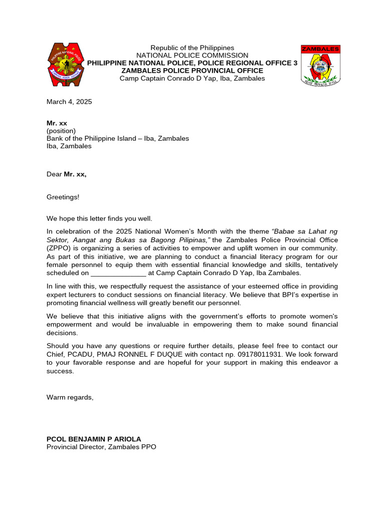 Letter For BPI Request For Financial Literacy Seminar | PDF
