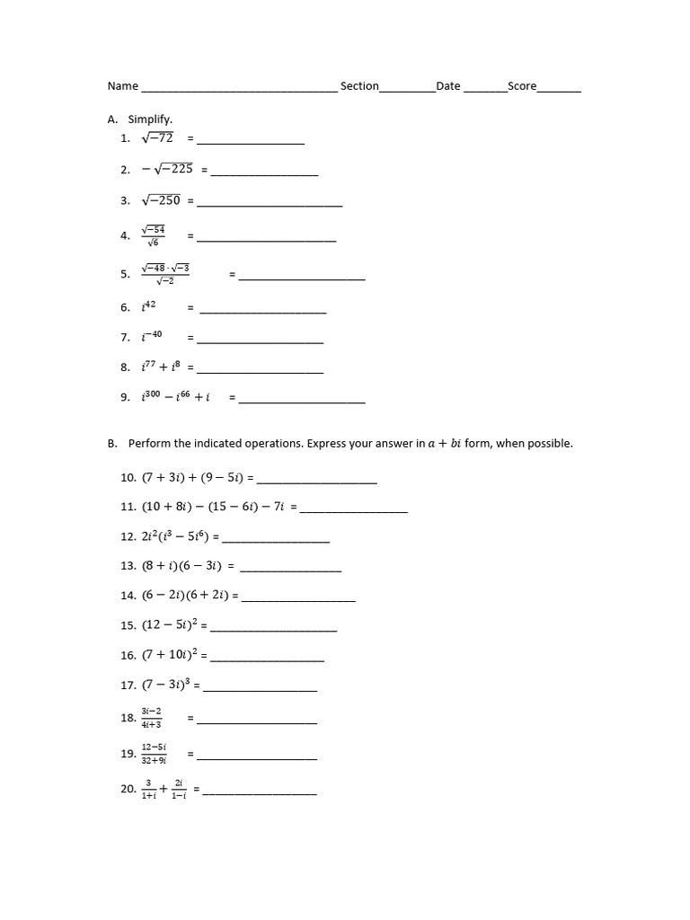 Imaginary and Complex Numbers - WS | PDF