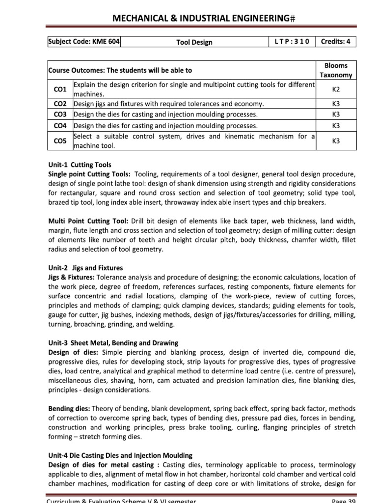 Tool Design Syllabus | PDF