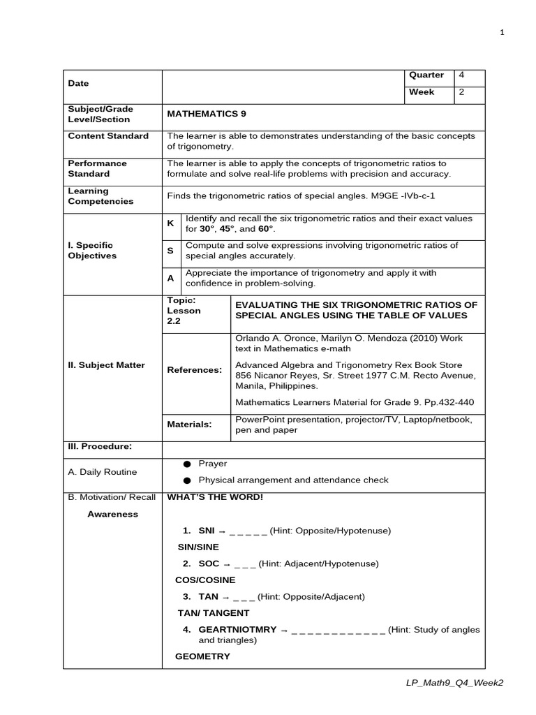 Math 9 Lp Q4 Week 2 L22 Pdf Trigonometric Functions Trigonometry 3340