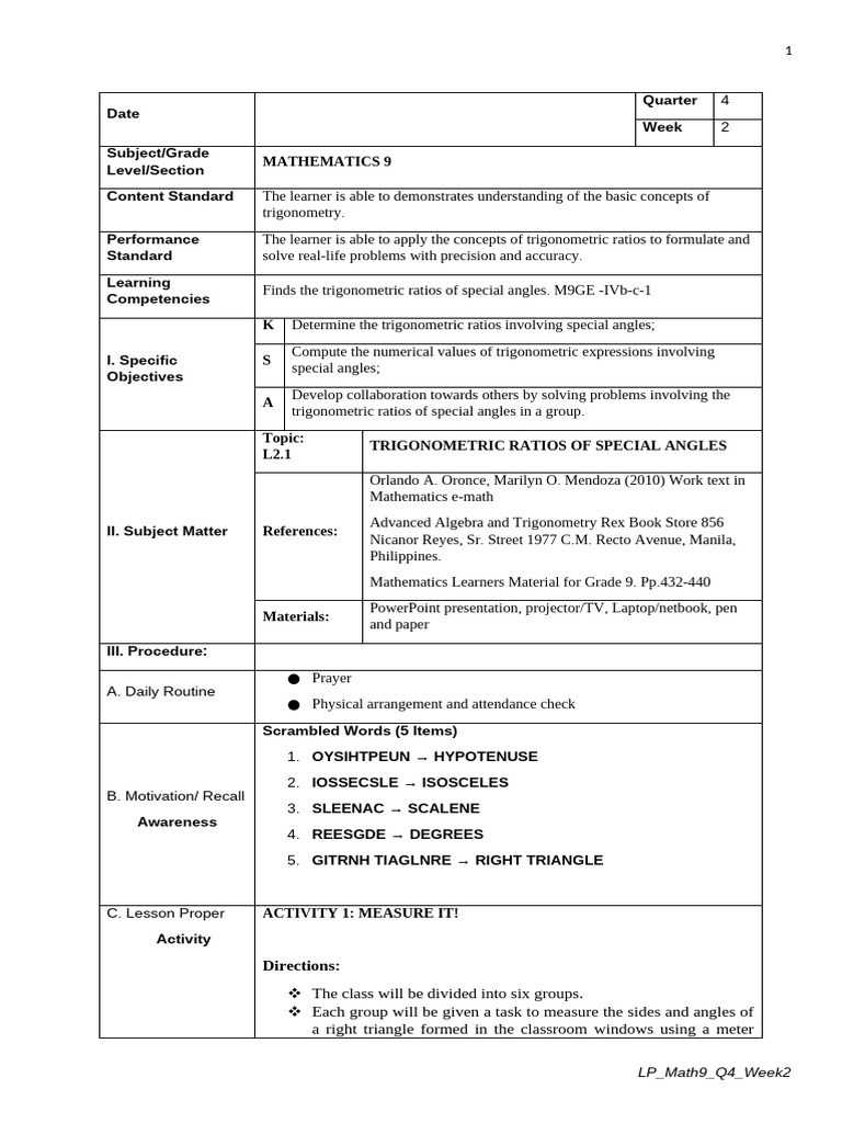 Math 9 LP - Q4 - Week 2-L2.1 | PDF | Trigonometry | Triangle