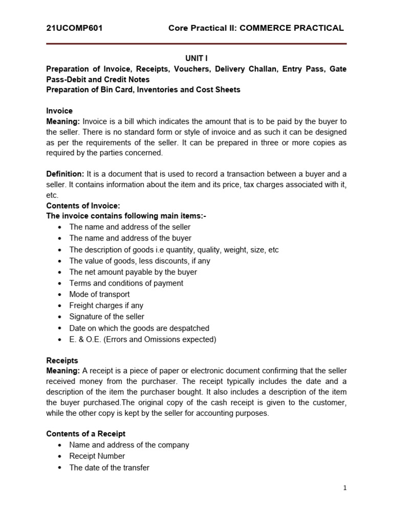 Commerce Practical Unit I Theory | PDF | Receipt | Invoice