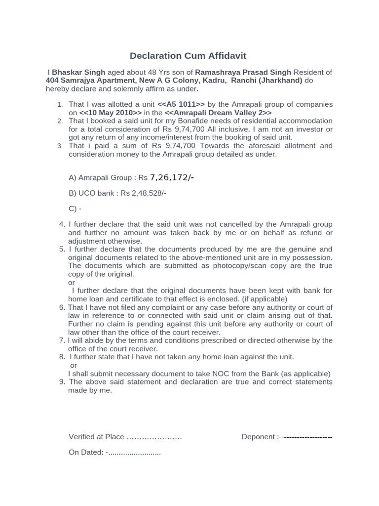 Amrapali Unit Declaration Affidavit | PDF