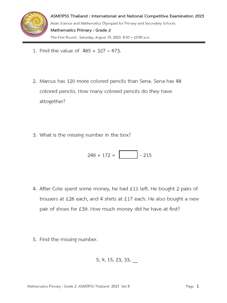 ASMOPSS 2023 Grade 2 Math Exam | PDF