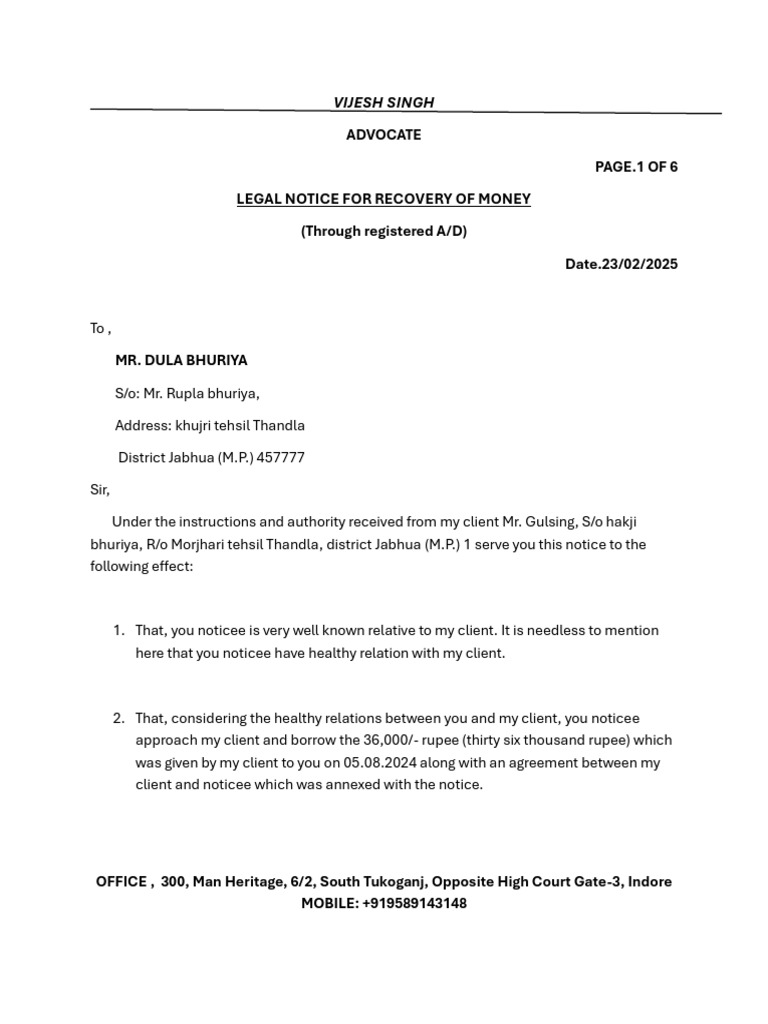 Legal Notice For Money Recovery | PDF | Lawsuit | Damages