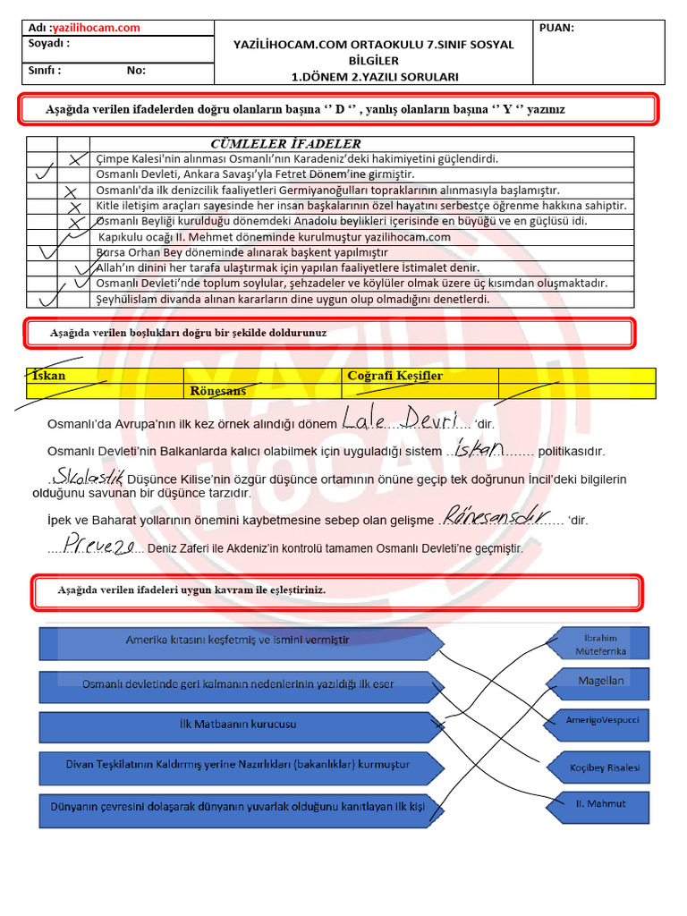 7.sinif Sosyal Bi̇lgi̇ler 1.dönem 2.yazili Sorulari - 2 | PDF