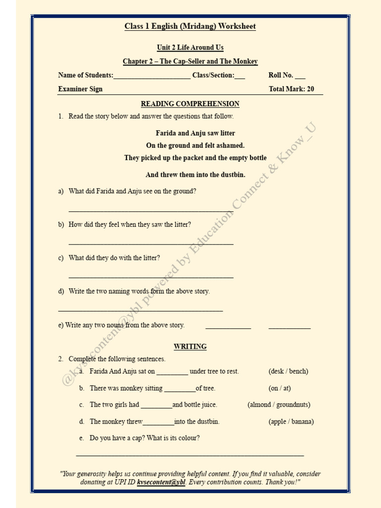 Class 1 English (Mridang) Unit 2 Life Around Us Chapter 2 - The Cap-Seller and The Monkey ...
