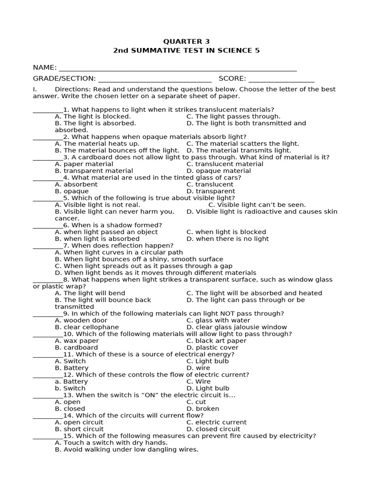 2nd Summative Test in Science 5-q3 | PDF | Light | Electromagnetic ...