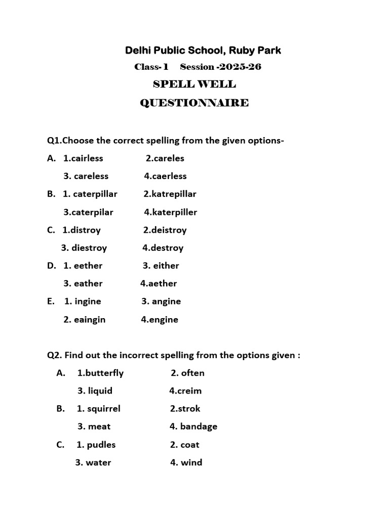 Class 1 Spelling Questionnaire | PDF