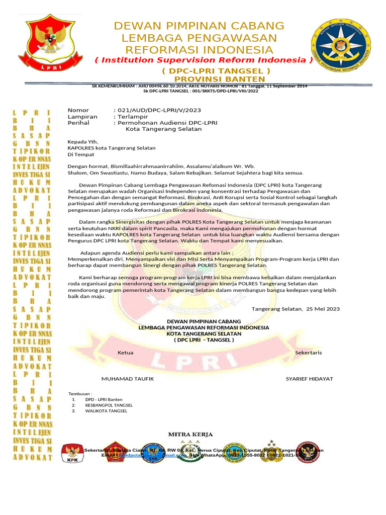 contoh SURAT Audiens MABES TNI LPRI TANGSEL | PDF