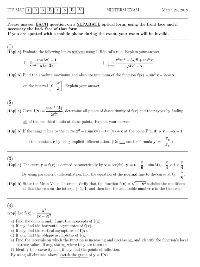 MAT103E Vize Soruları | PDF