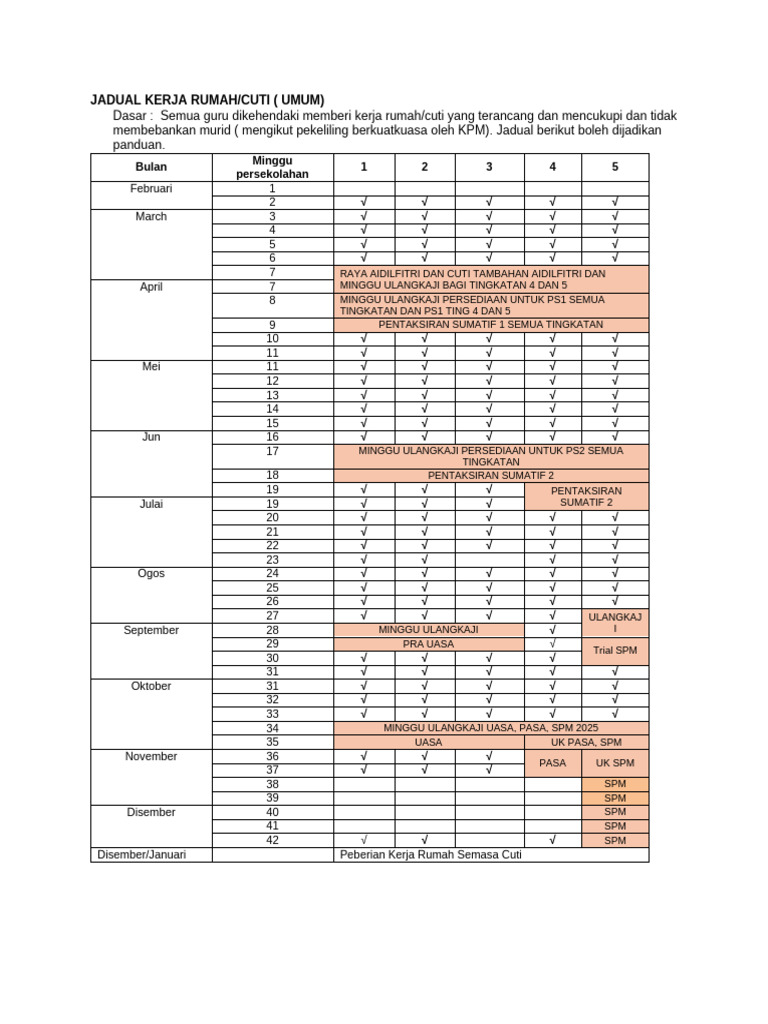 Jadual Kerja Rumah Math 2025 | PDF