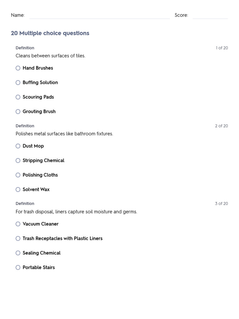 Cleaning Equipment and Supplies - Quiz | PDF | Paint | Vacuum Cleaner