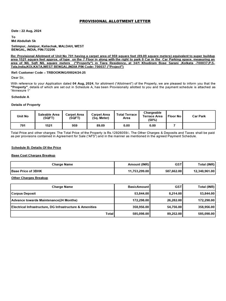 Allotment Letter | PDF
