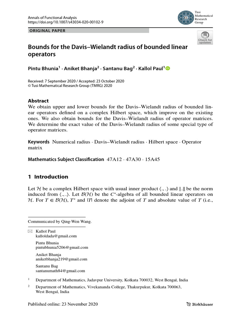 Bounds for the Davis–Wielandt Radius of Bounded Linear-AFA | PDF | Functions And Mappings ...
