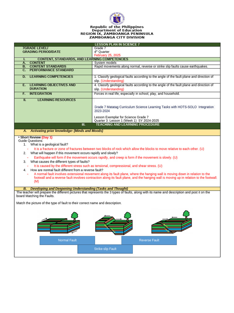 Grade 7 Science Lesson on Geological Faults | PDF | Fault (Geology ...