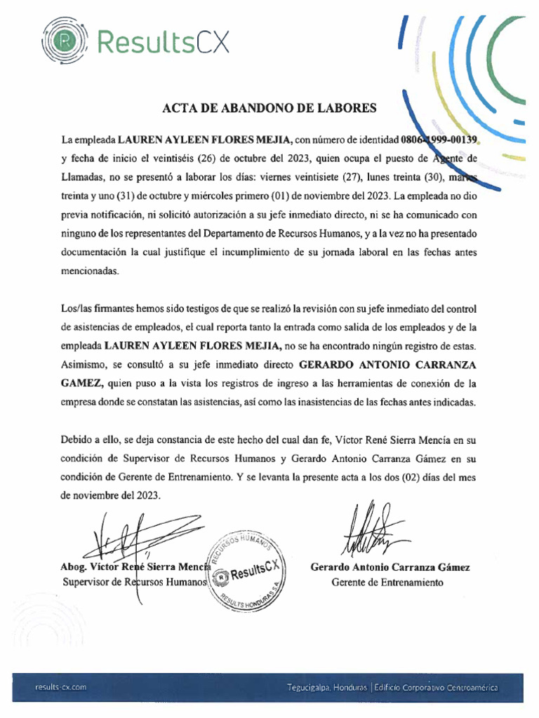 Acta de Abandono Lauren Ayleen Flores Mejia | PDF